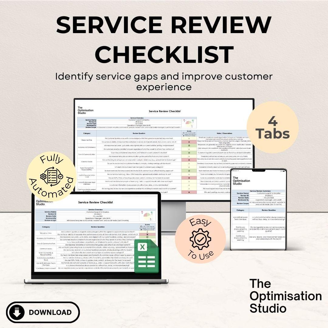 Service Review Checklist | Standalone Excel Tool for Small Businesses ...
