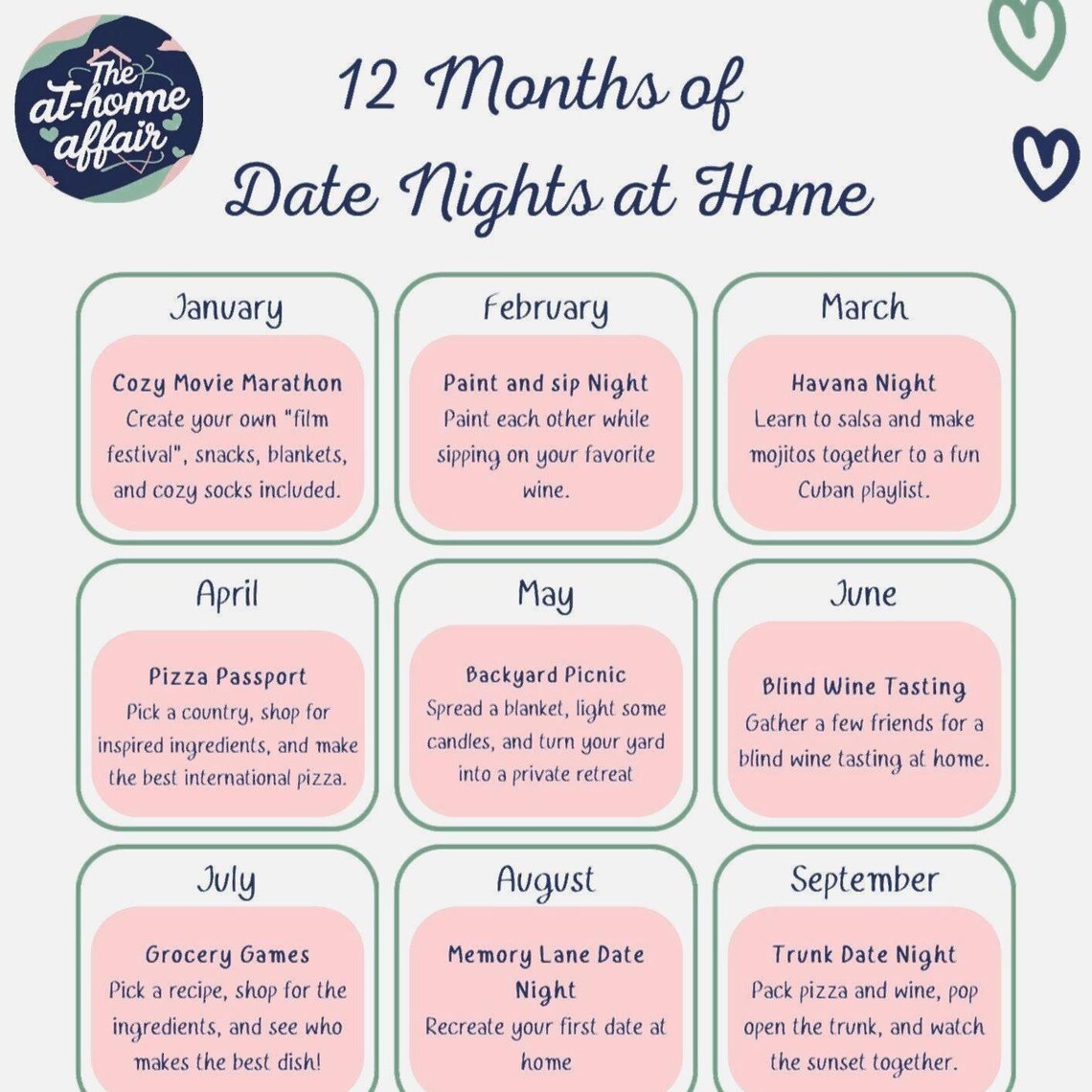 Date Night Ideas: 12 Month At-home Calendar (digital Download) - Etsy