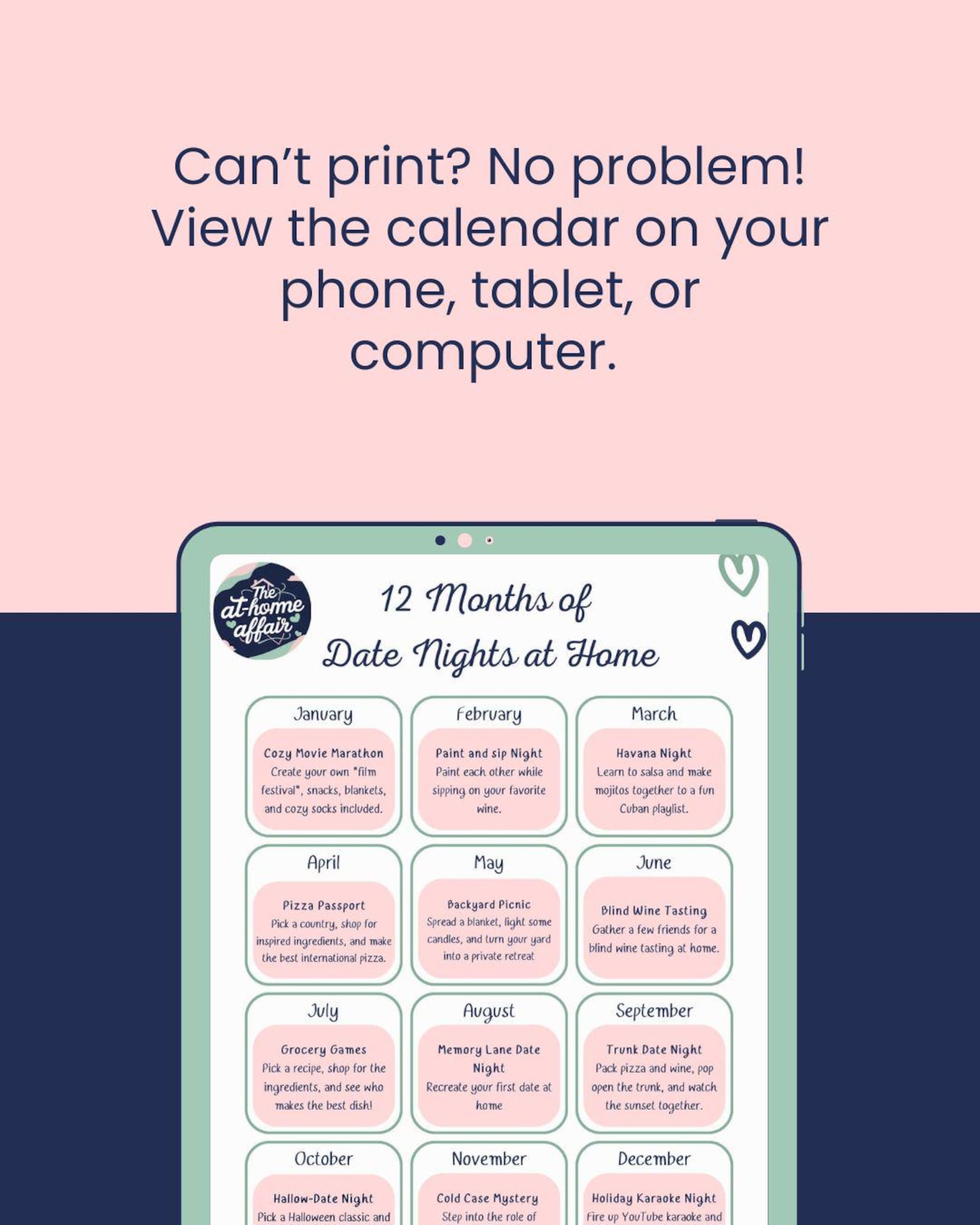Date Night Ideas: 12 Month At-home Calendar (digital Download) - Etsy