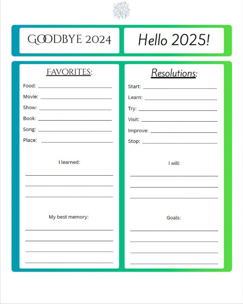 New Years 2025, Printable New Years Activity, New Year Resolutions, New ...