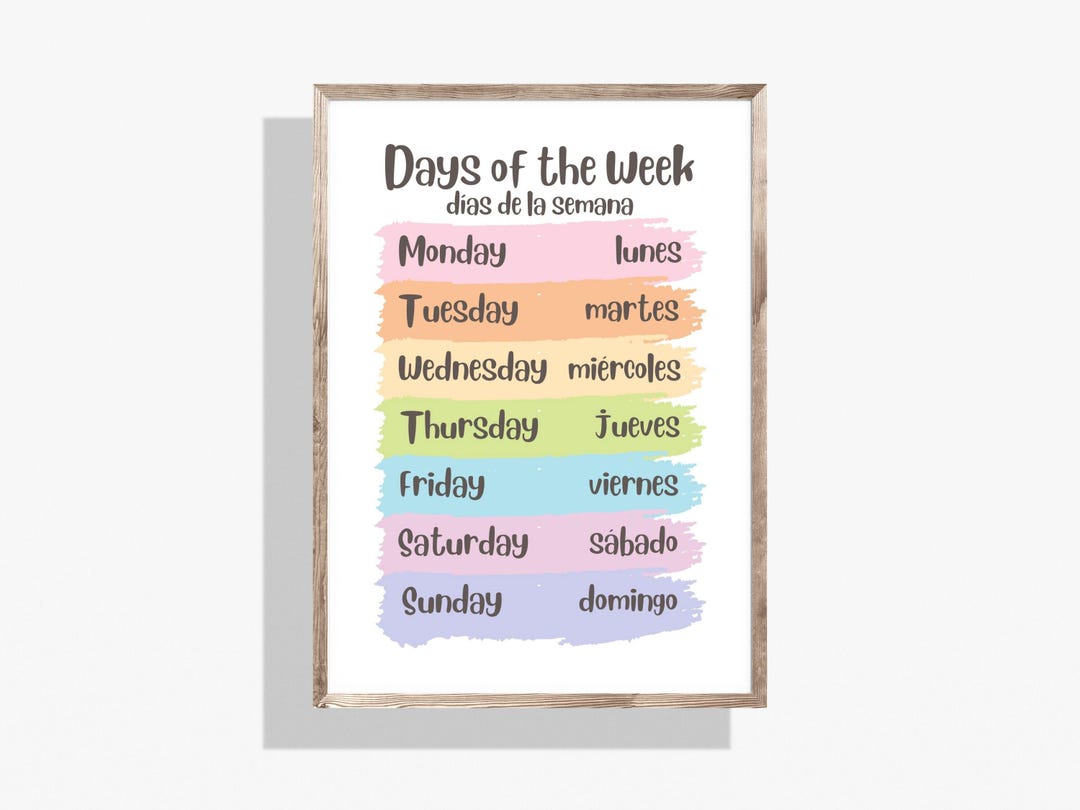 English Spanish Days of the Week Classroom Decor Muted Rainbow ...