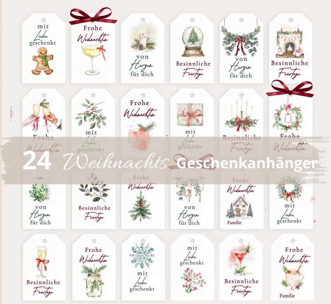 Christmas Gift Tags, PDF Template - 24 Printable Tags, Instant Download ...