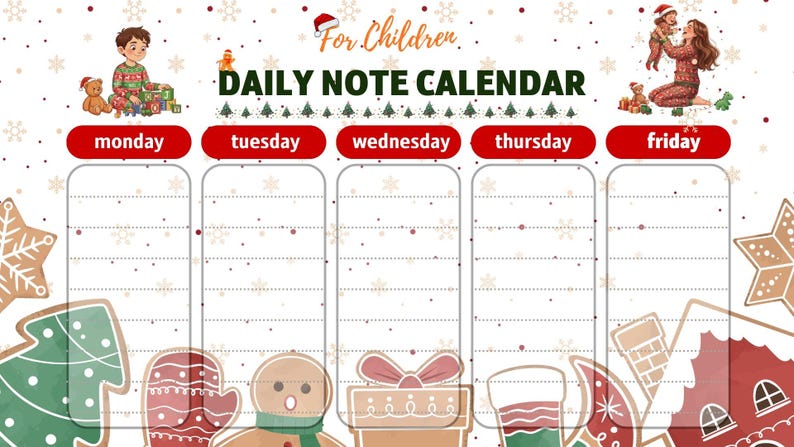 Christmas Kids Daily Note Calendar | Printable Weekly Planner for ...