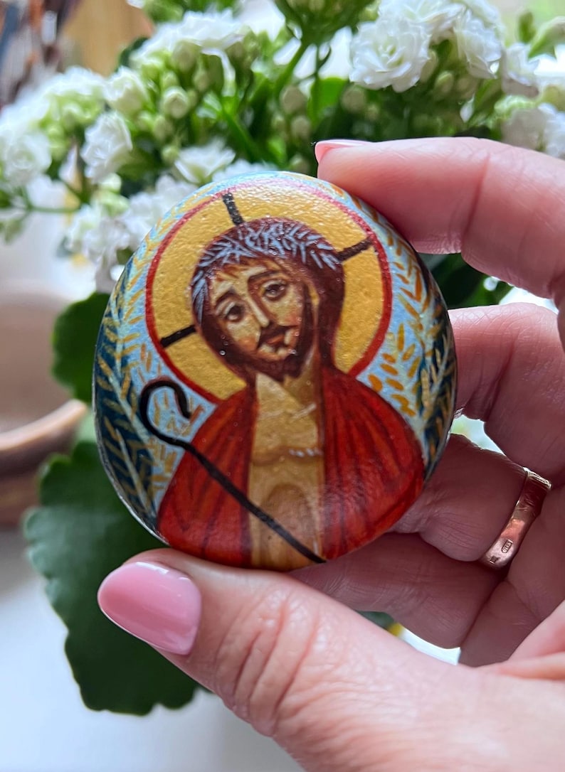 Hand Painted Jesus Christ Icon Stone, Small Orthodox Catholic Sacred ...