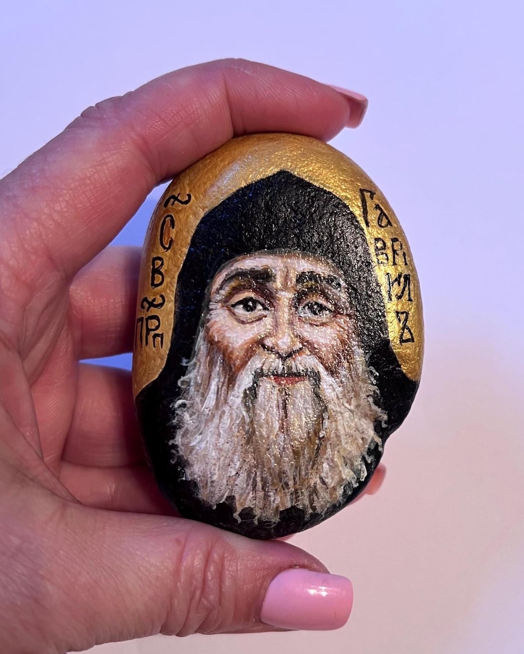 Hand-painted Pebble Icon of Saint Gabriel Urgebadze – Georgian Orthodox ...