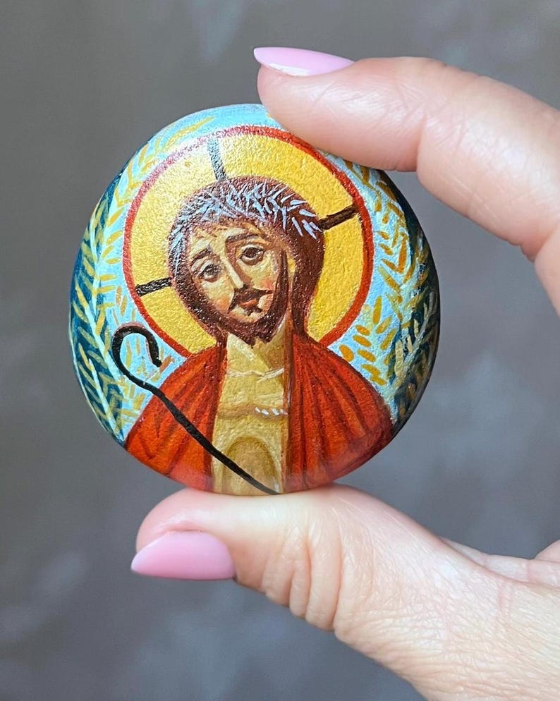 Hand Painted Jesus Christ Icon Stone, Small Orthodox Catholic Sacred ...