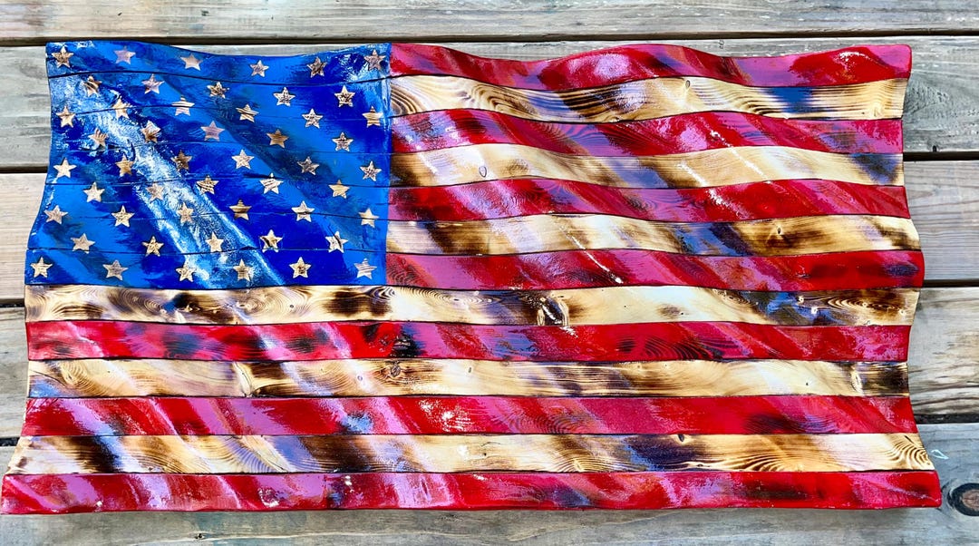 Hand-burned Wavy Wood American Flag: 3D Patriotic Wall Art - Etsy
