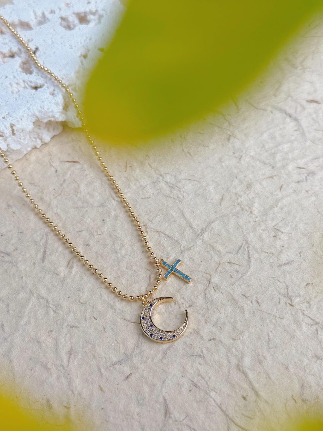 Dainty Necklace With 18K Gold Plated Moon and Cross Pendant, Celestial ...