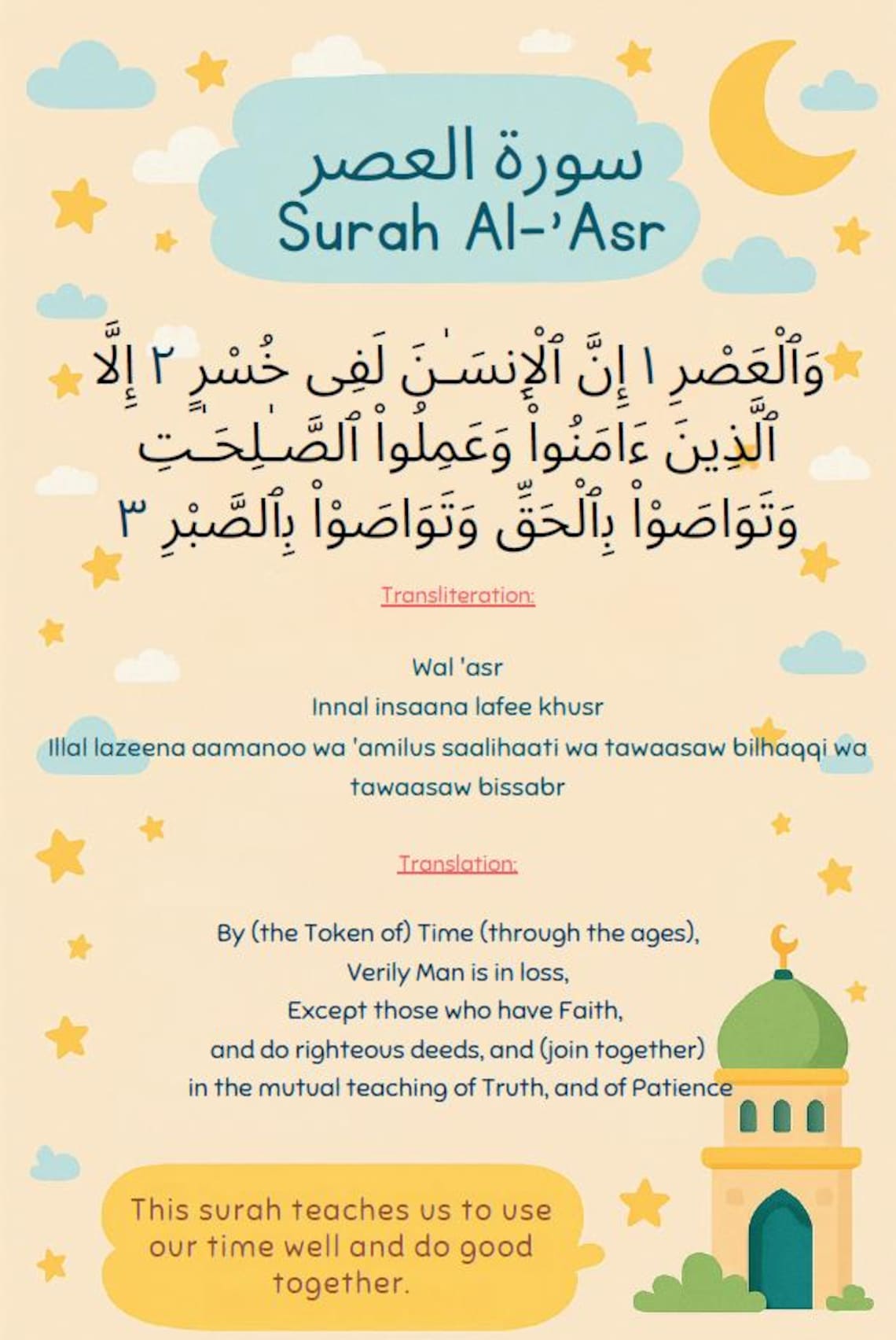Surah Al-'asr Kids Printable: Quran Learning Poster (digital Download ...