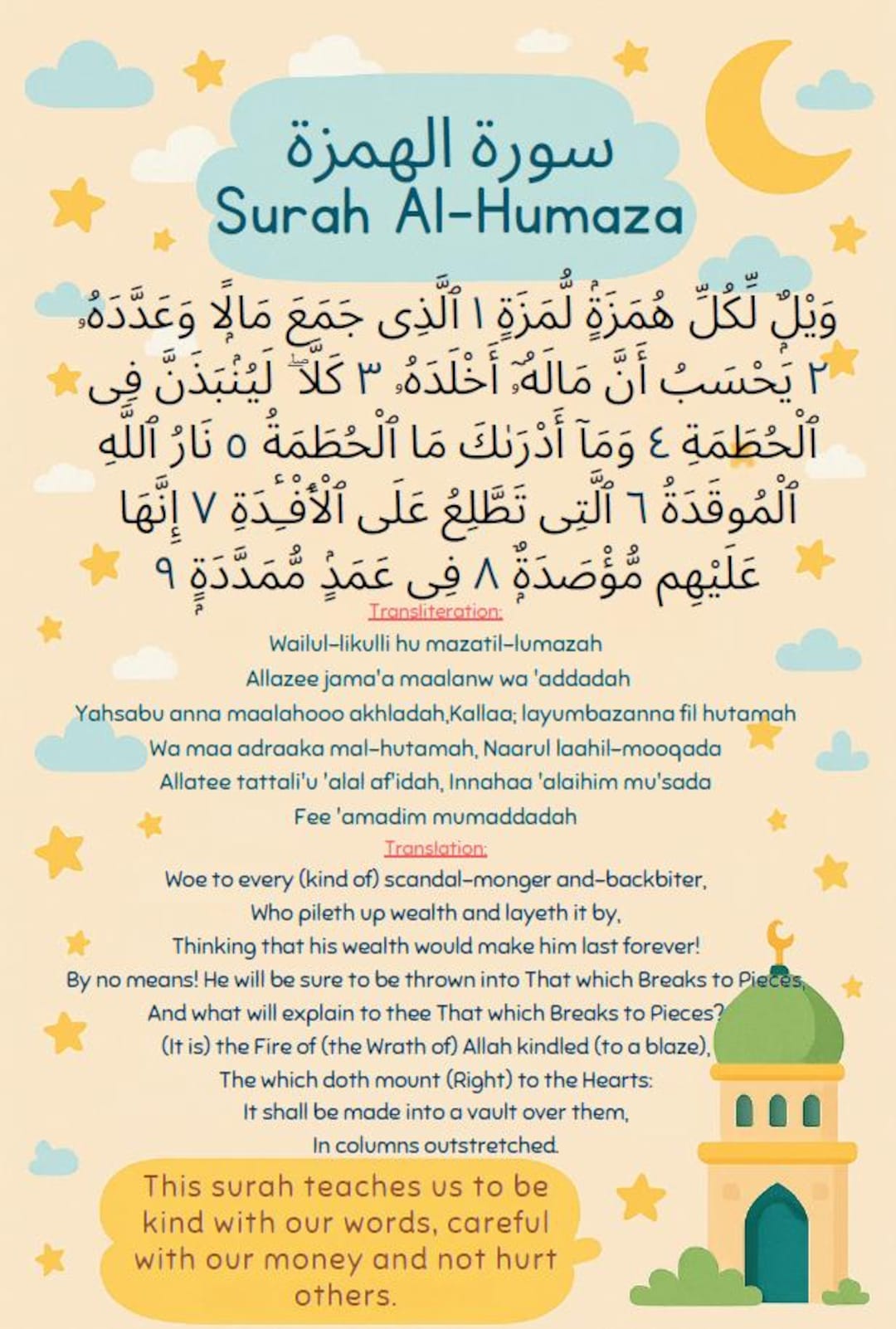 Surah Al-humazah Kids Printable: Quran Learning Poster (digital ...