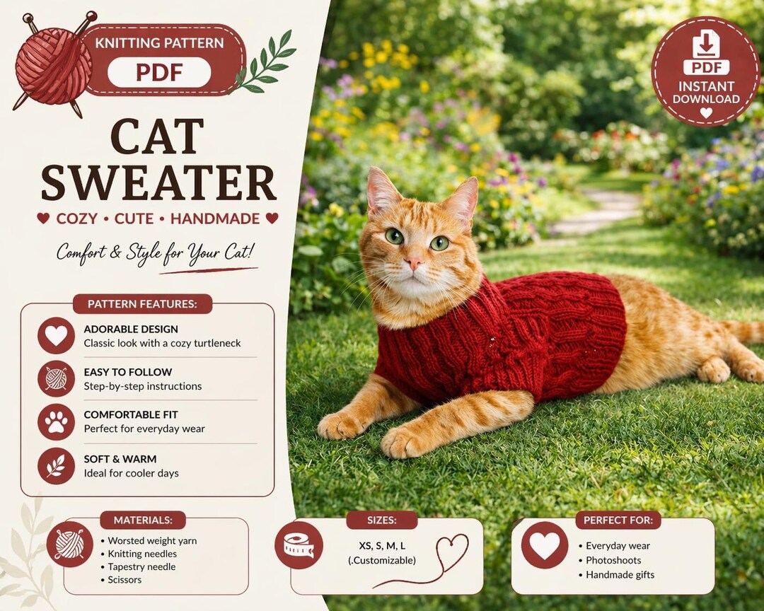 Cat Sweater Knitting Pattern PDF, Easy Kitty Jumper, Pet Knit Clothes ...