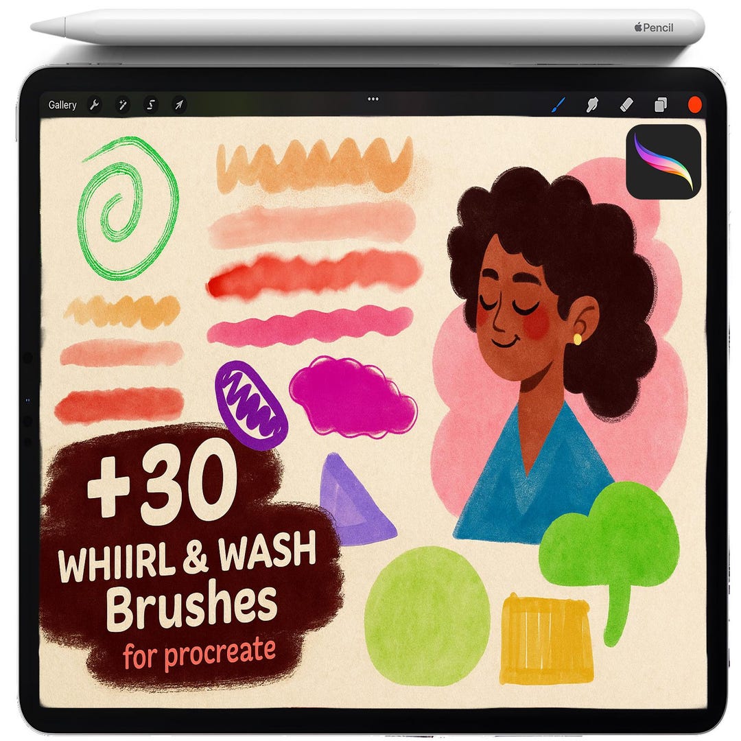 Procreate Brush Set: Watercolor Washes, Gouache Shapes, Chalk, Pastel ...