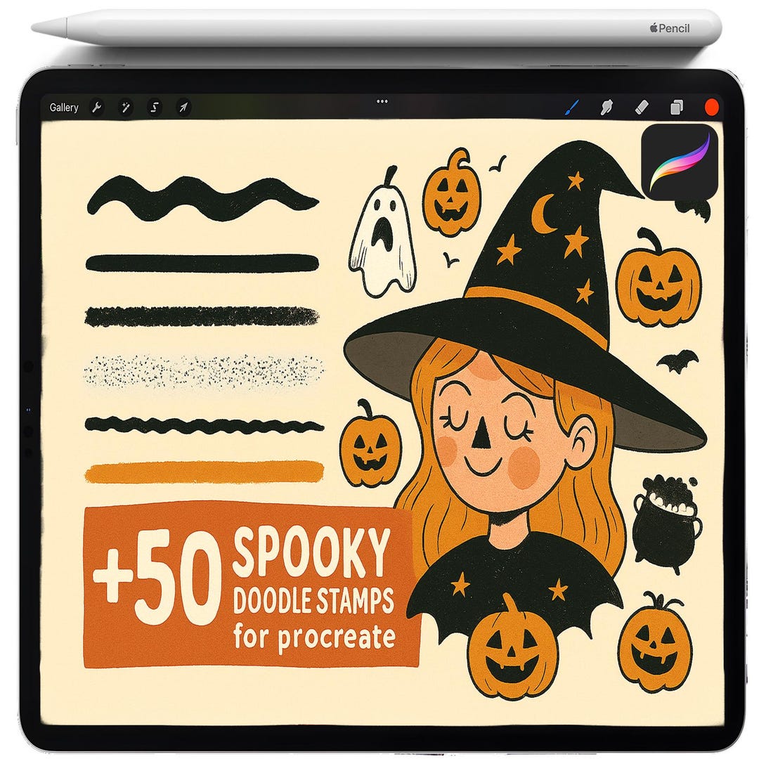 Procreate Halloween Doodle Brushes: Pumpkins Brush, Horror Ghosts ...
