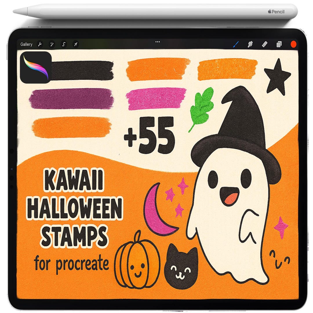 Procreate Halloween Spooky Stamps: Kawaii Ghosts Brush, Witch Hats ...