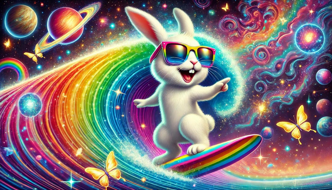Trippy Surf Bunny on the Rainbow Wave – Digital Poster / Wallpaper by ...