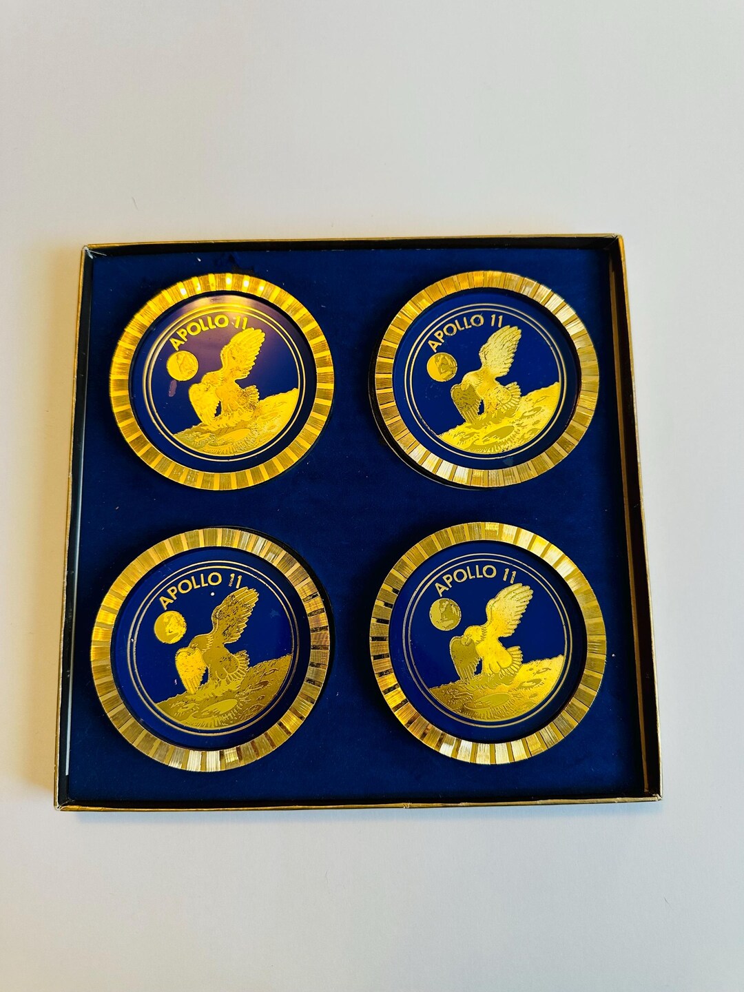 Vintage Apollo 11 Cobalt Blue & Gold Glass Coaster Set – Moon Landing ...