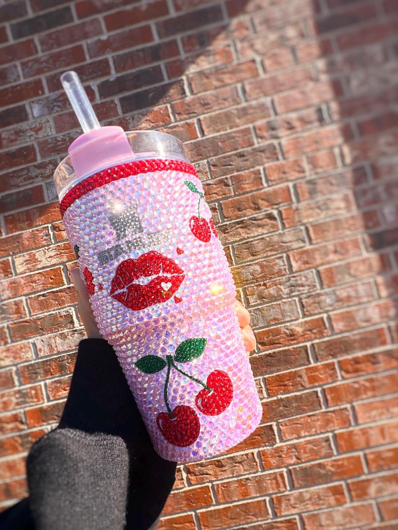 Bedazzled Cherry XOXO Pink Opal Stanley Quencher Travel Tumbler 20oz ...