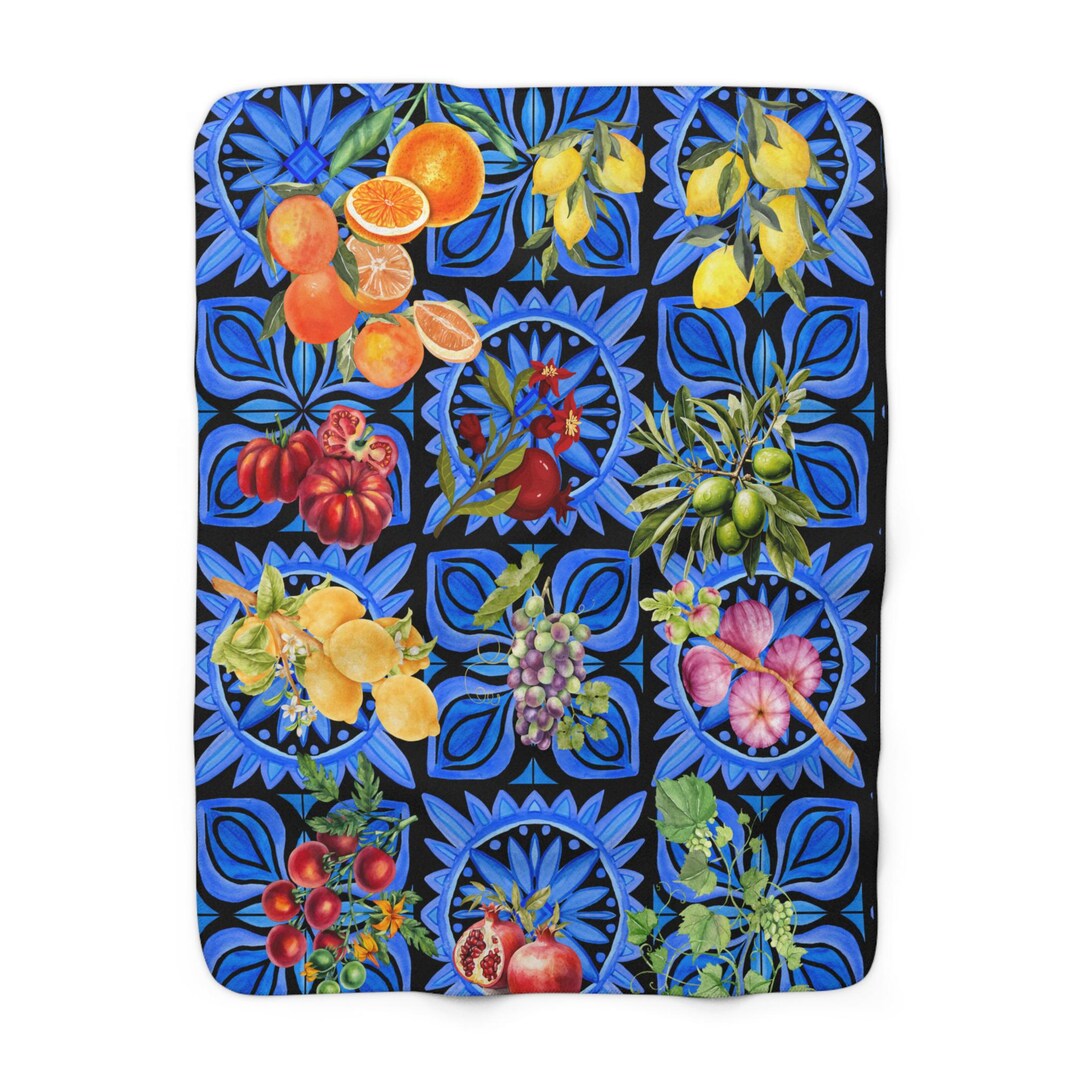 Citrus & Tropical Fruit Tile Sherpa Blanket | Blue Botanical Fleece - Etsy