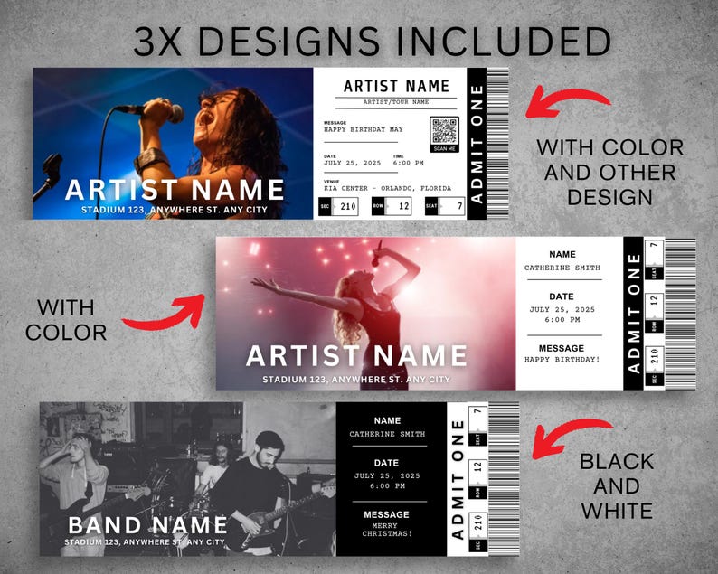 Editable Concert Ticket Canva, 3 DIY Tickets Template, Printable Custom ...