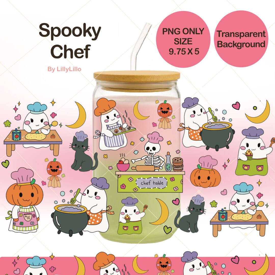 Spooky Chef Ghost 16oz Can Wrap PNG: Kawaii Halloween Baking (digital ...