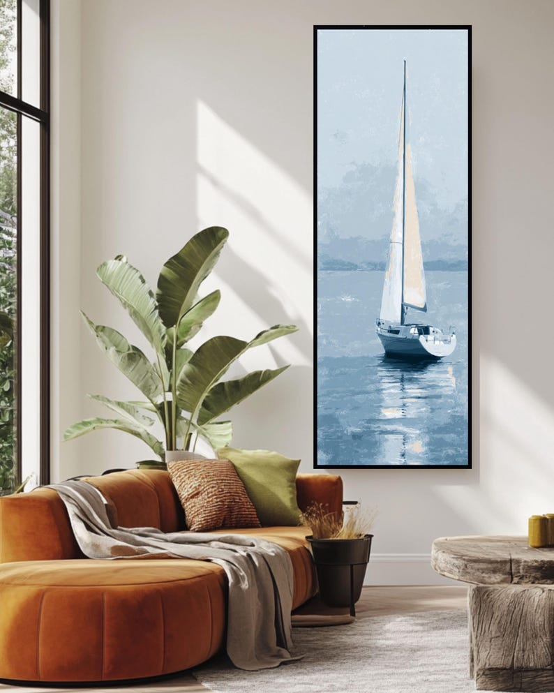 Minimalist Sailboat Watercolor Canvas, Blue Gray Nautical Wall Art ...