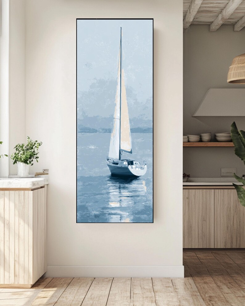 Minimalist Sailboat Watercolor Canvas, Blue Gray Nautical Wall Art ...