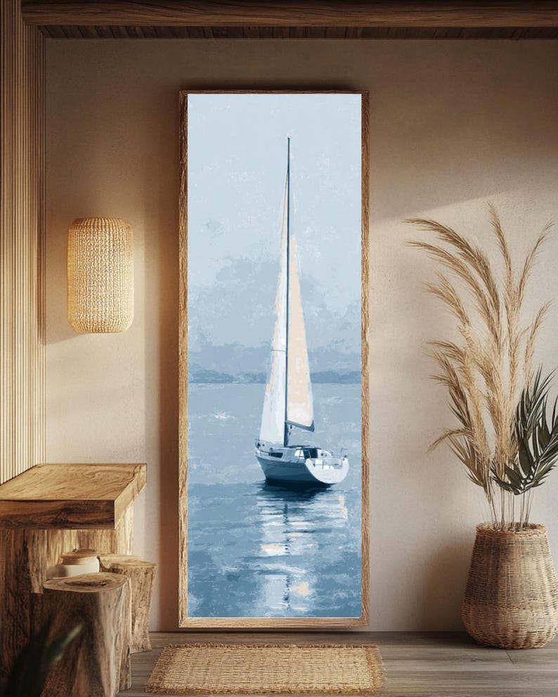 Minimalist Sailboat Watercolor Canvas, Blue Gray Nautical Wall Art ...