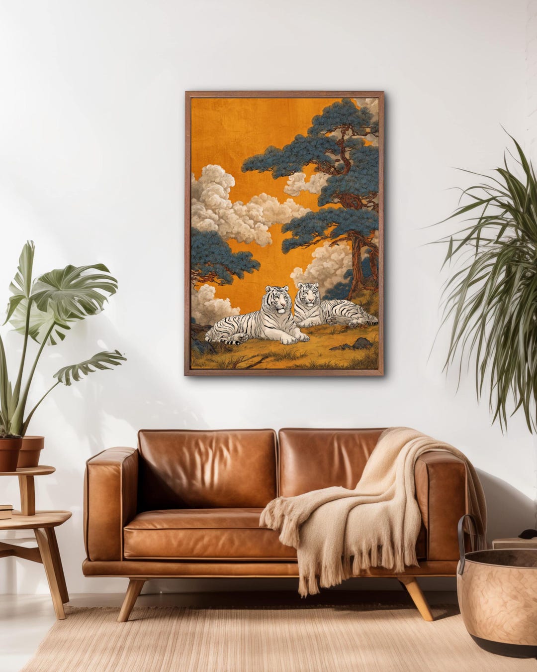 Two Tigers Chinese Painting, Bold Orange Background Asian Art Print ...