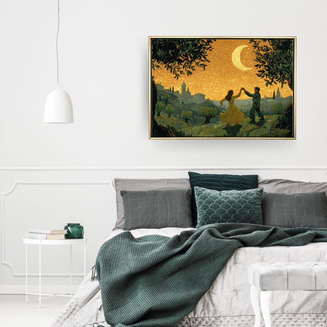 Van Gogh Olive Grove Art | Dancing Couple & Crescent Moon Sunset Canvas ...