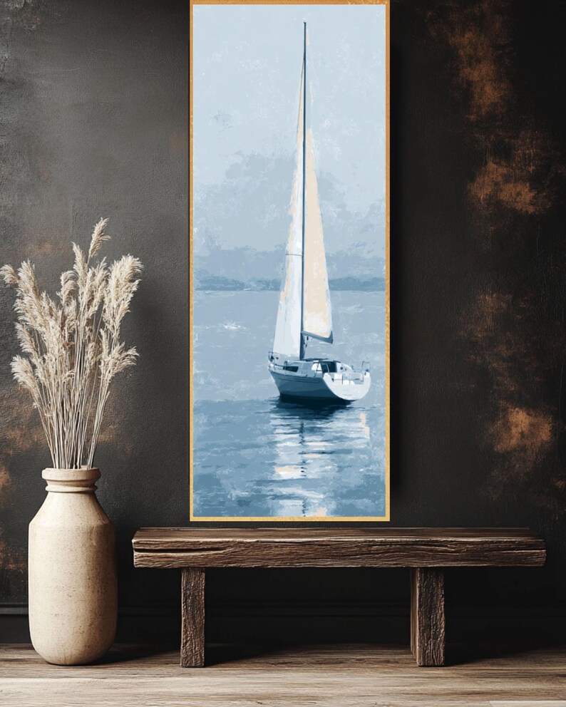 Minimalist Sailboat Watercolor Canvas, Blue Gray Nautical Wall Art ...