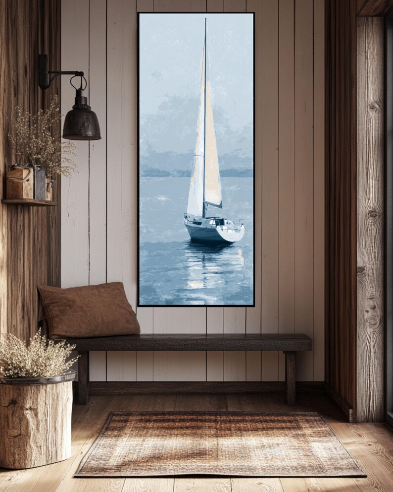 Minimalist Sailboat Watercolor Canvas, Blue Gray Nautical Wall Art ...