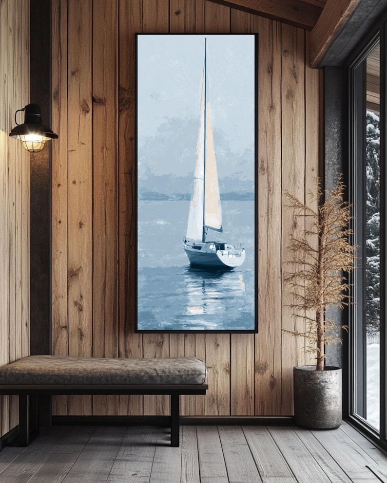 Minimalist Sailboat Watercolor Canvas, Blue Gray Nautical Wall Art ...