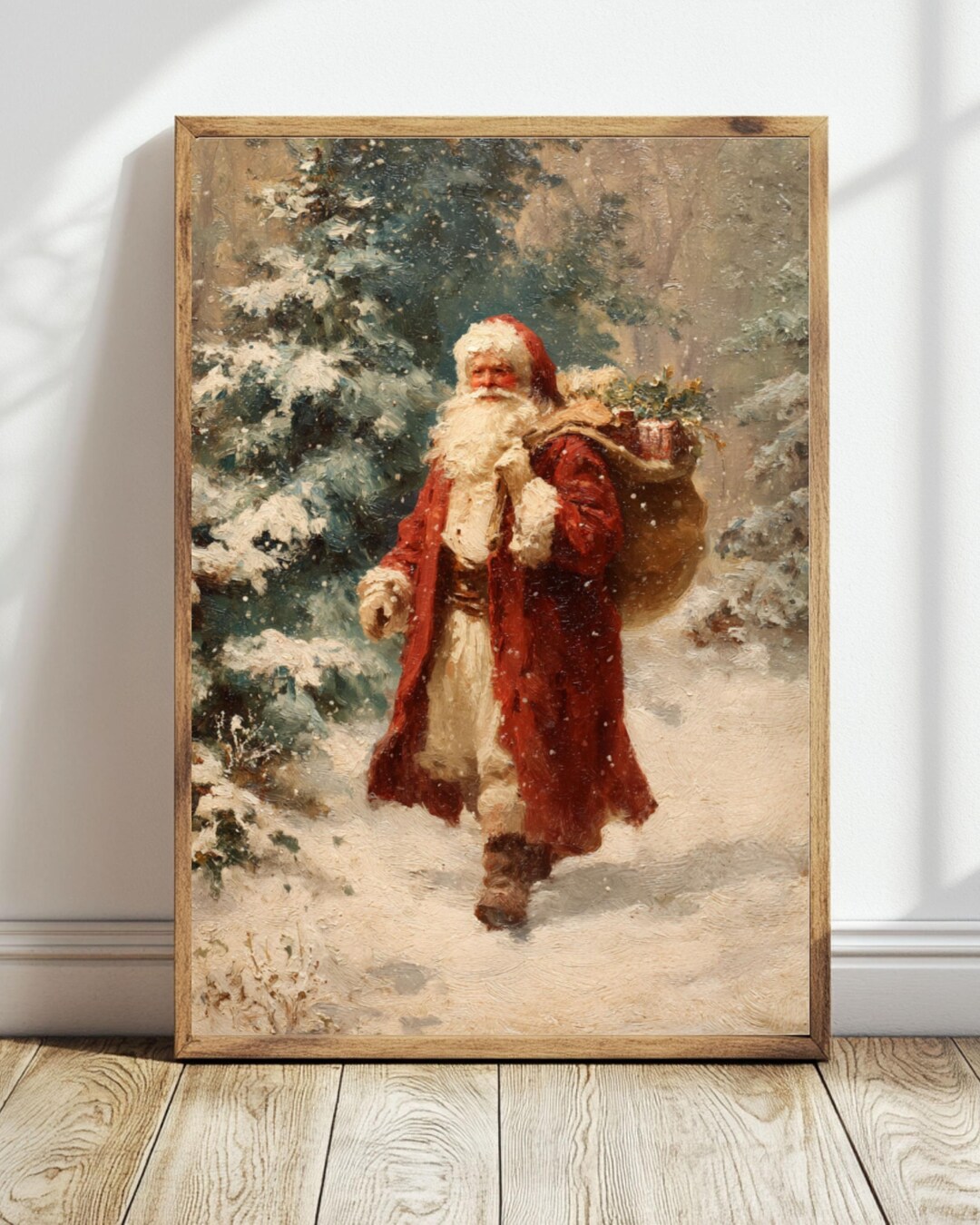 Vintage Santa Claus Oil Painting Poster | Christmas Forest Snow Walk ...