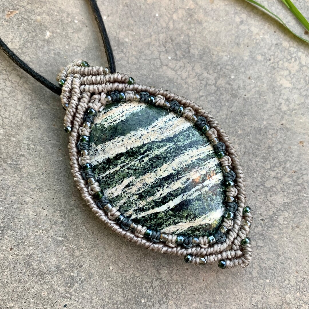 Green Zebra Jasper Macrame Wrapped Stone Pendant Macrame Jewelry ...