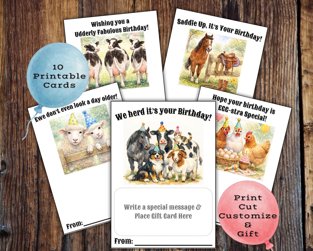 Farm Animal Birthday Card Bundle | Watercolor Farm Animals | Cute ...