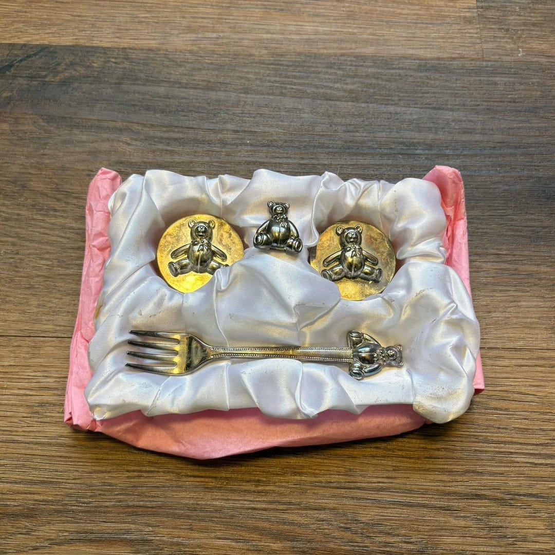 Vintage/antique Teddy Bear Silver-plated Infant Set, First Tooth & Curl ...