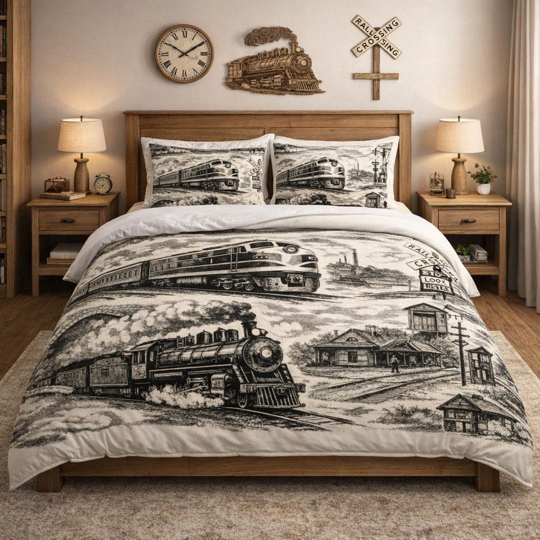 Vintage Steam Train Quilt Cover Set | Bedding, 2 Pillow Covers - Etsy