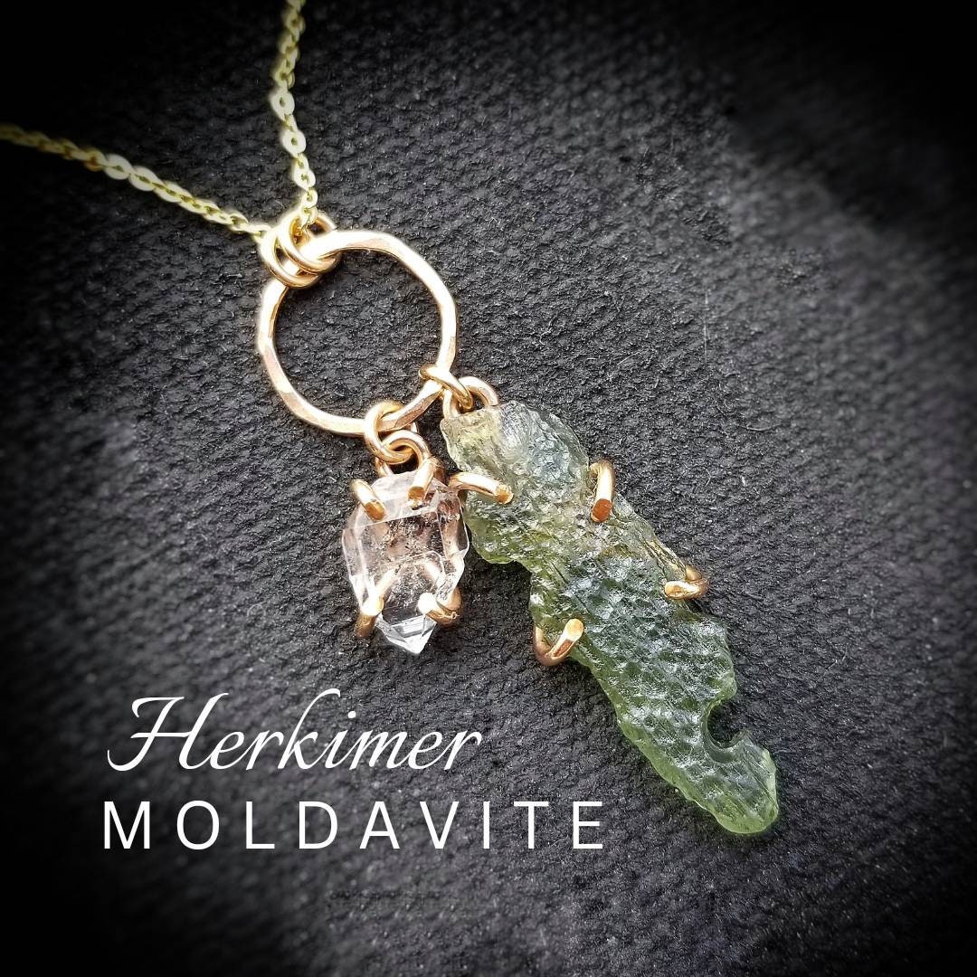 MOLDAVITE Necklace | Raw Moldavite Herkimer Diamond Quartz Necklace ...