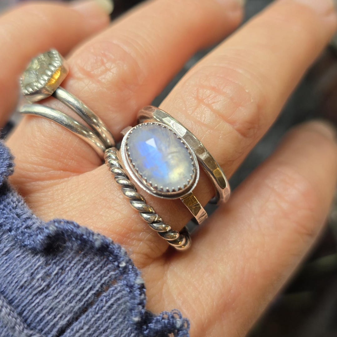 MOONSTONE Ring Stack | Fine & 925 Sterling Silver Rose Cut Flashing ...