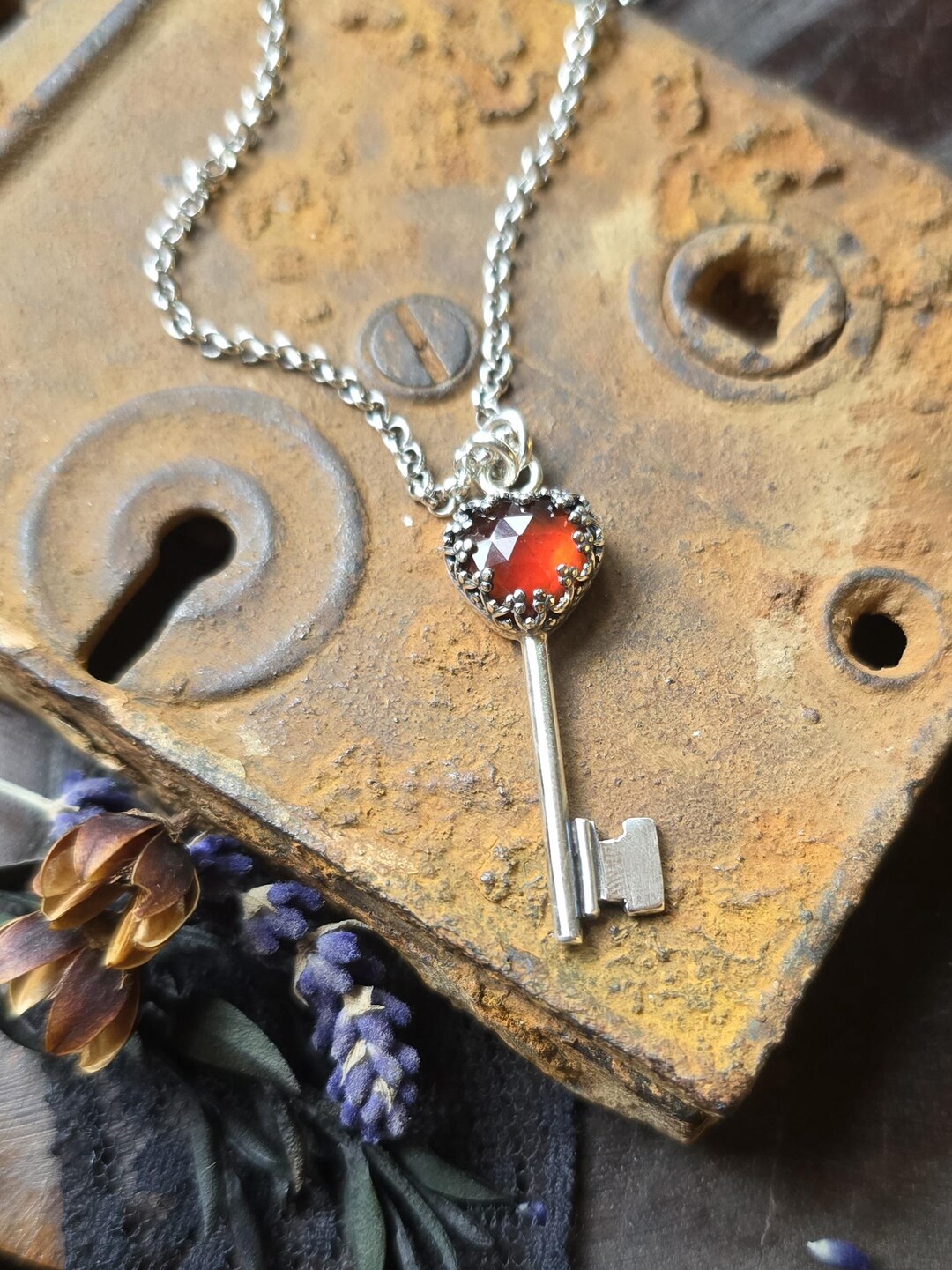 GARNET SKELETON KEY | Rose Cut Faceted Hessonite Garnet Heart Key ...