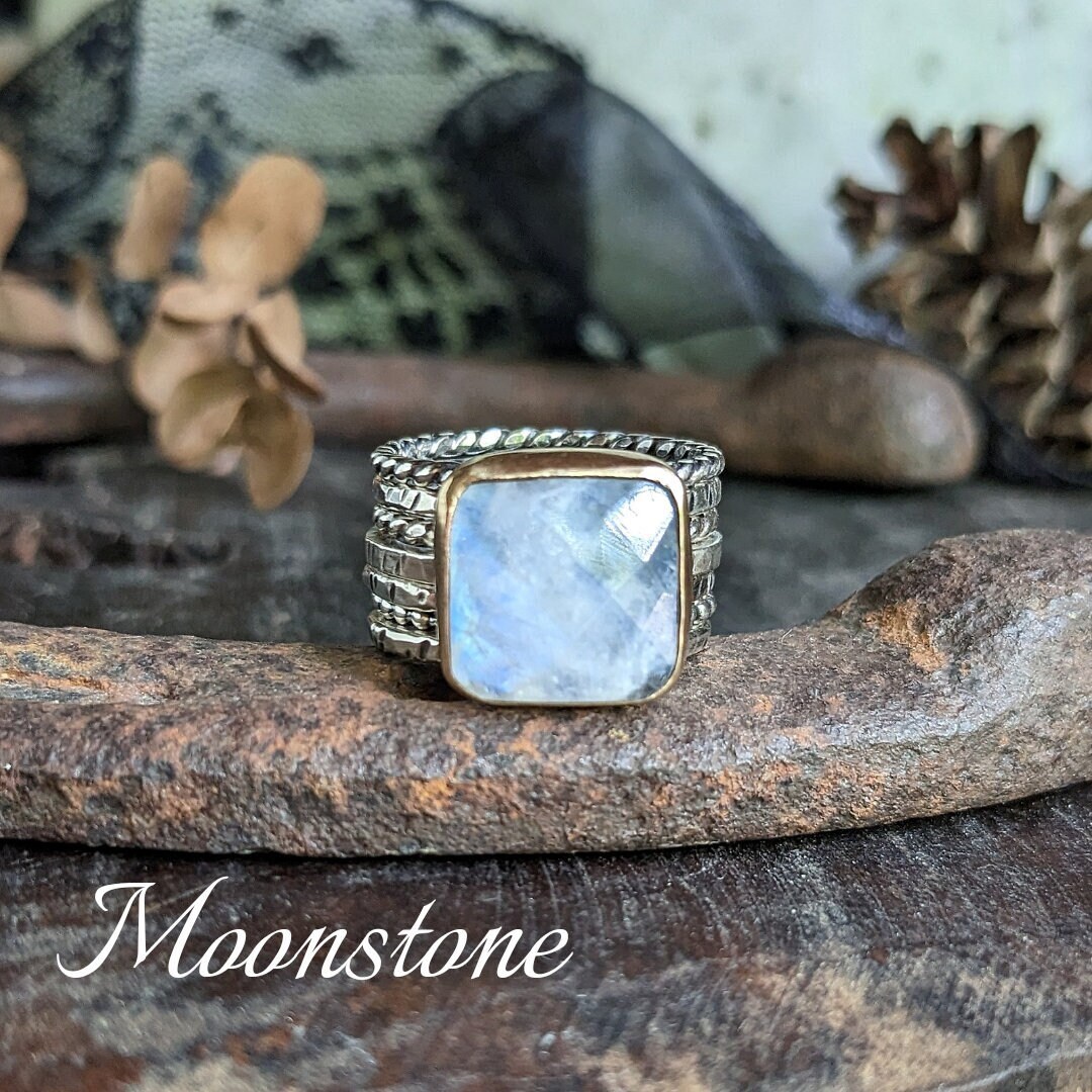 MOONSTONE Ring | Square Rose Cut Moonstone Ring Stack | 14k Gold & 925 ...