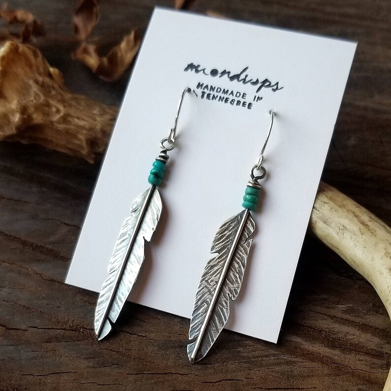 TWO FEATHERS Sterling Silver & Turquoise Earrings Feather - Etsy