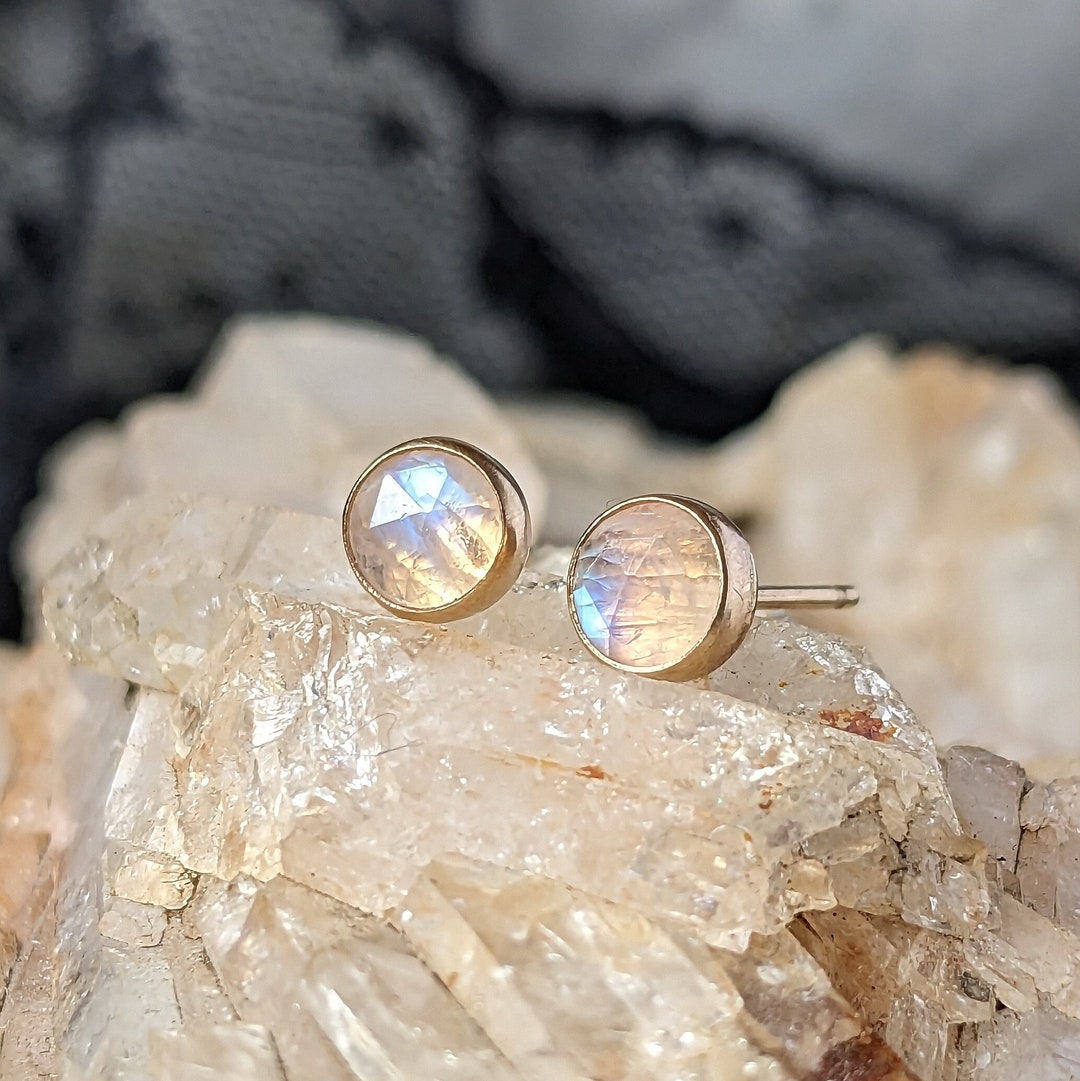 MOONSTONE Stud Earrings | 14K Gold Moonstone Ear Studs | Rose Cut 6mm ...