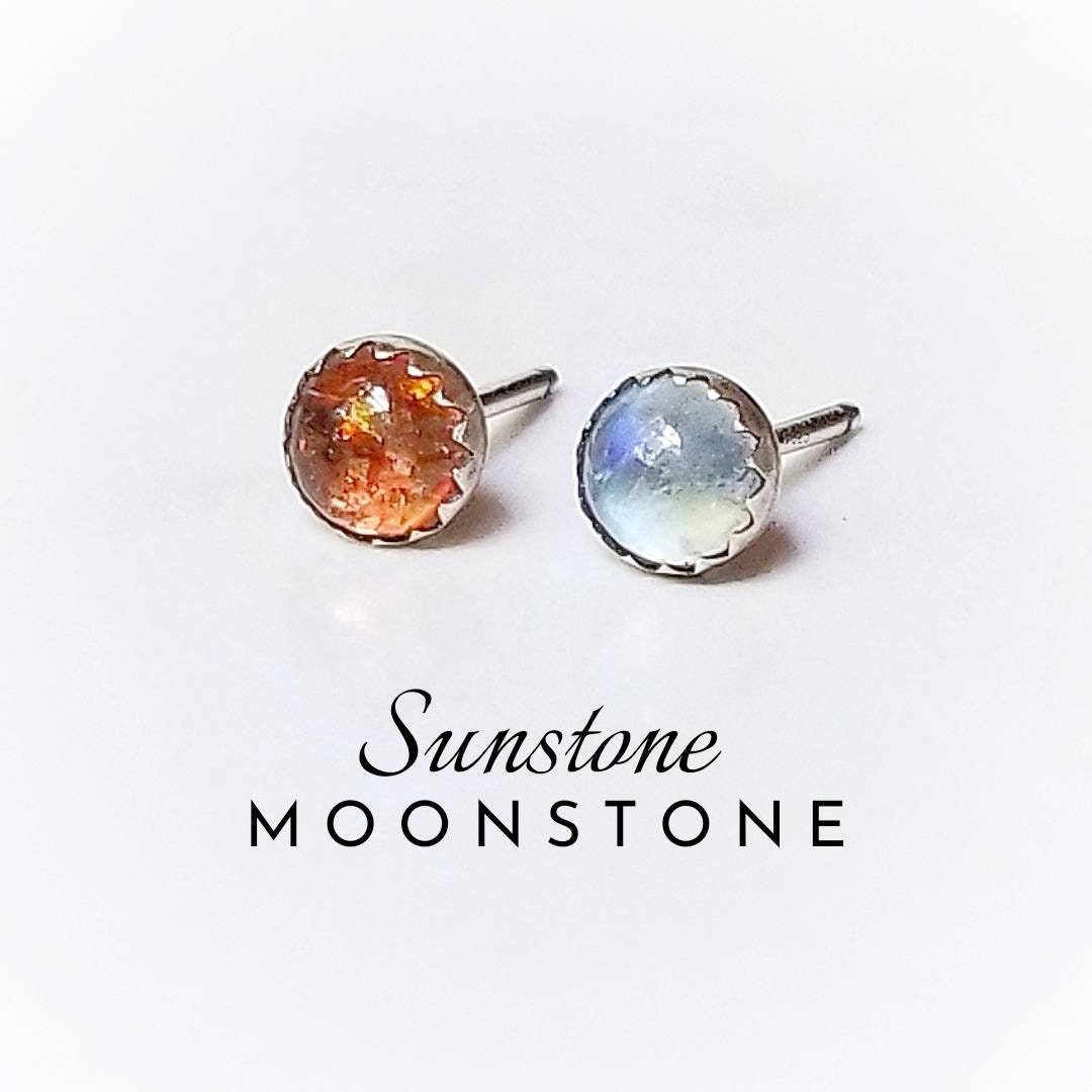 MOONDROPSjewelry Sunstone Moonstone Ear Studs Silver or 14K Gold Mismatched Stud Earrings Sun and Moon Stud Earrings