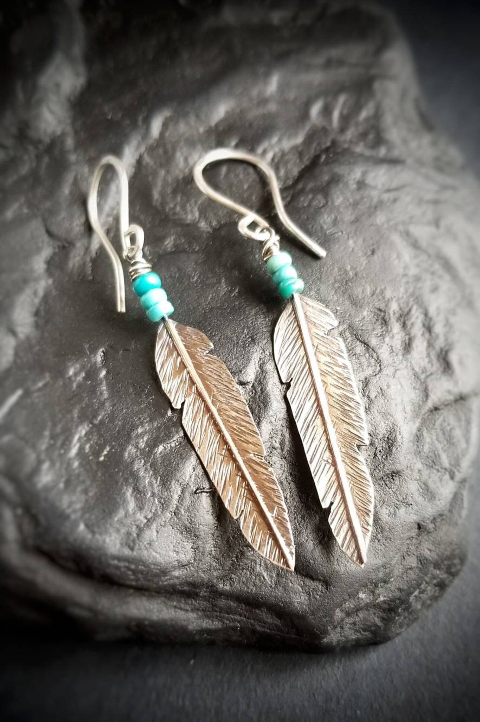 TWO FEATHERS Sterling Silver & Turquoise Earrings Feather - Etsy