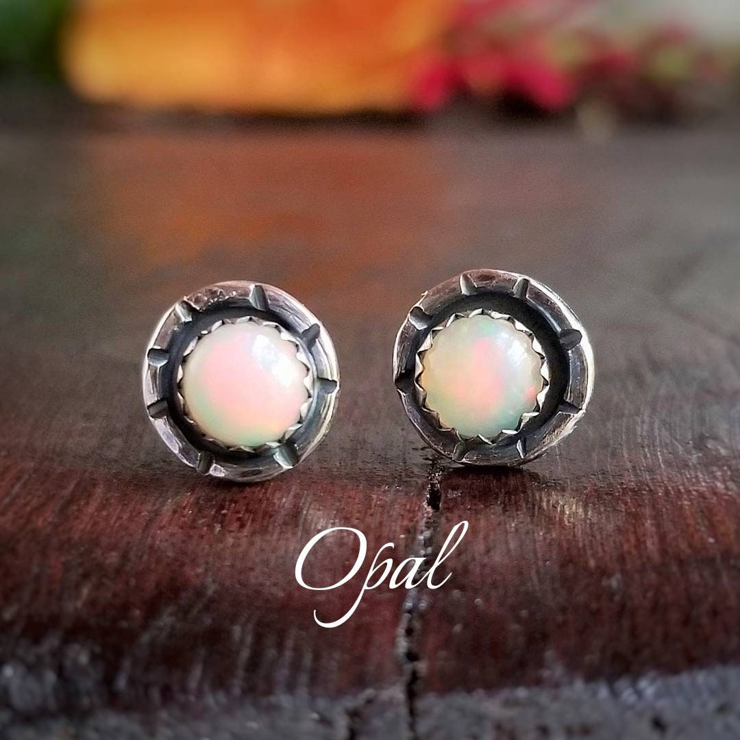 OPAL Stud Earrings | Tribal Etched Sun Opal Ear Studs | 925 Sterling Silver, 14k Gold, or 14k ...