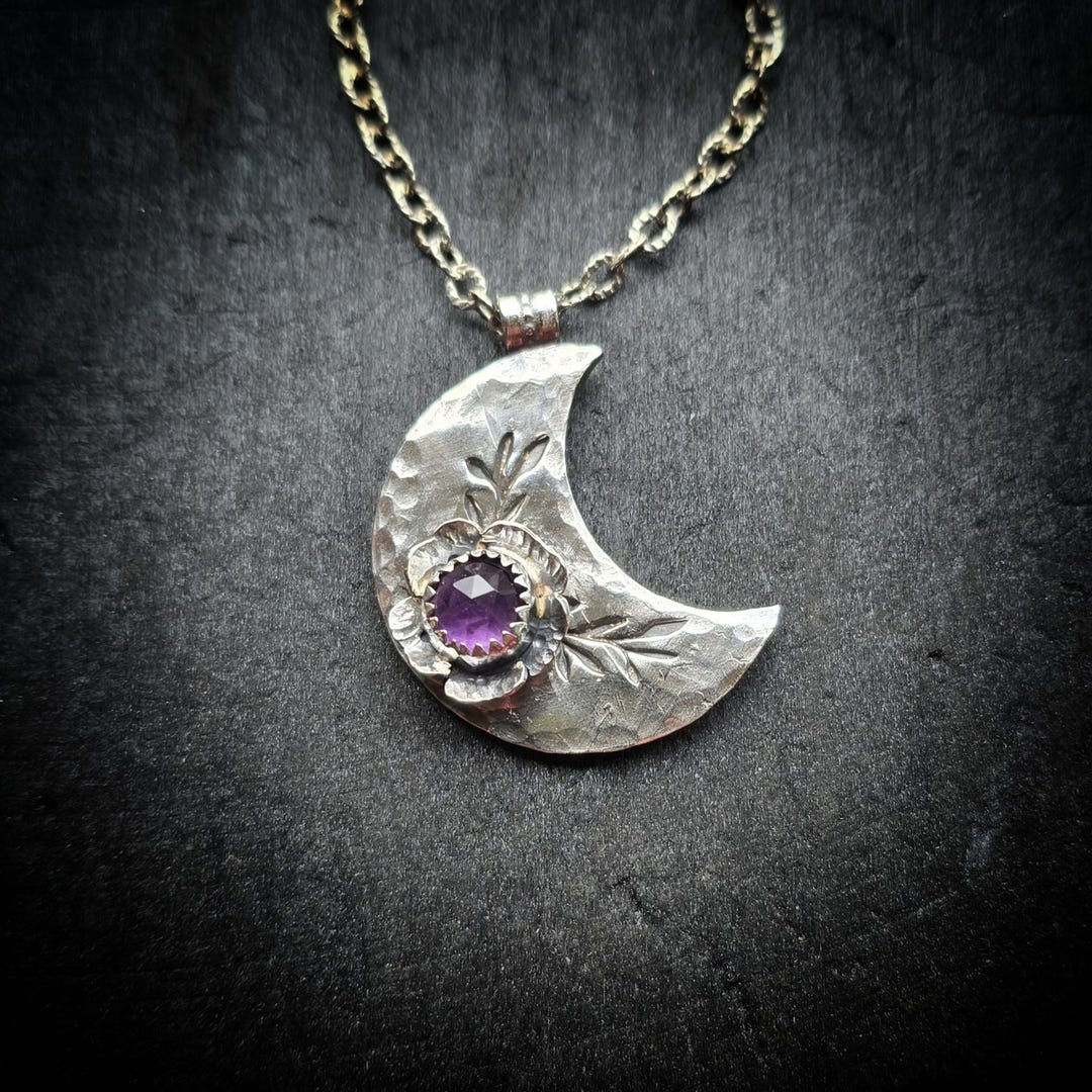 AMETHYST CRESCENT MOON Pendant Necklace | Handcrafted 925 Sterling ...