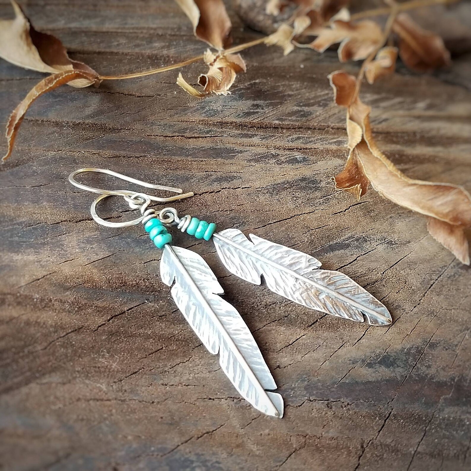 TWO FEATHERS Sterling Silver & Turquoise Earrings Feather - Etsy