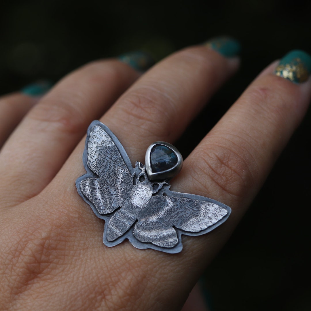 Death Head Moth Ring, Deathhead Moth Jewelry, Gothic Ring Silver, Between the Fingers Ring ...