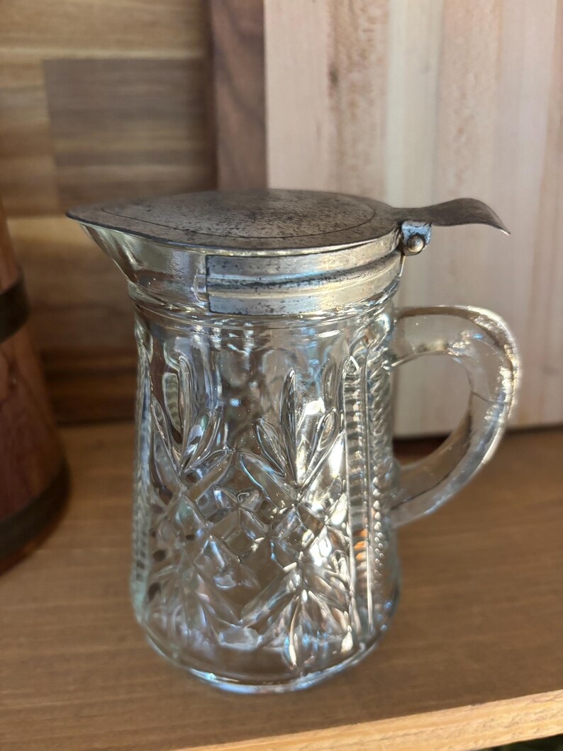 Vintage 19th Century Glass Syrup Pitcher With Hinged Metal Lid- Rare ...